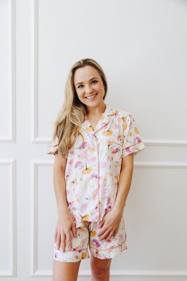 Short Set | Pastel Pink Poppy | 100% Rayon – Linen and Glass